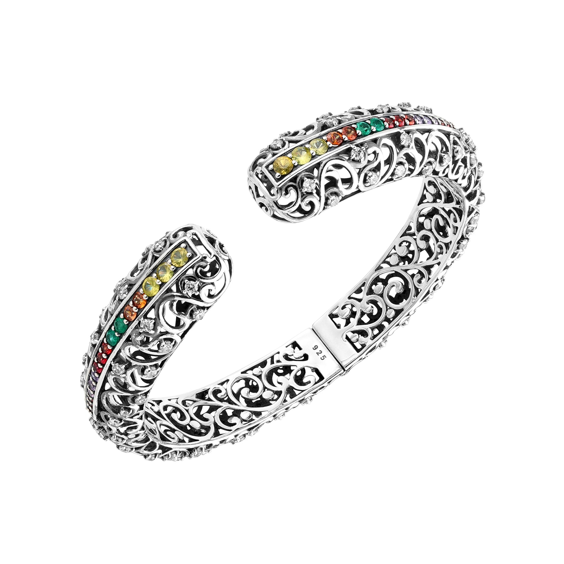925 STERLING SILVER BALI HINGE CUFF WITH MULTI-COLOUR SAPPHIRE - Almond ...